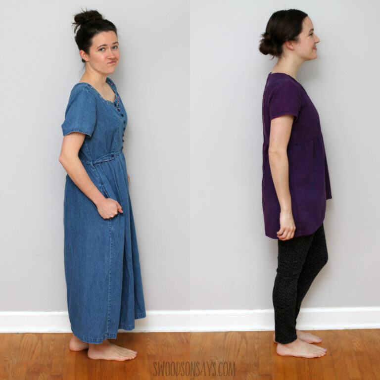 Dated denim dress refashion to tunic top - Swoodson Says