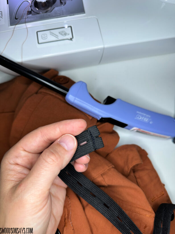 How to sew jeans waist smaller with buttonhole elastic - Swoodson Says